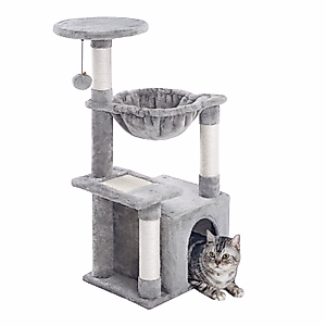 Kilodor Cat Tree, Small Cat Condo Tower with Hammock, Sisal Scratching Post for Kitten Grey