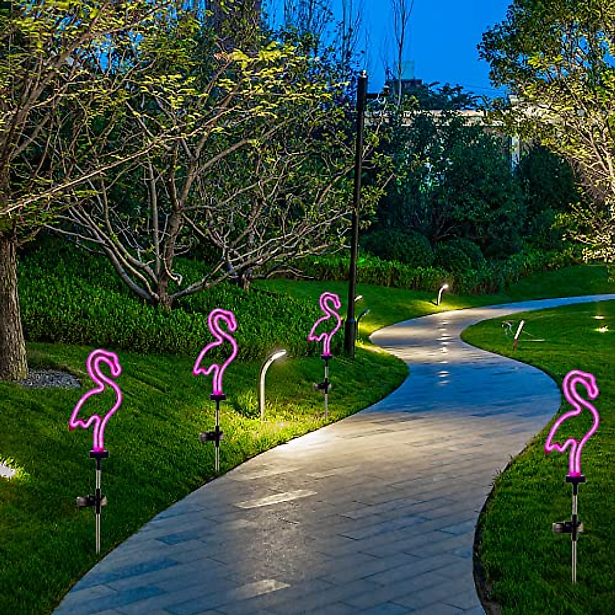 Solar Pink Flamingo Yard Ornaments w/Stakes, Solar Landscape Lights Outdoor Waterproof Neon Strip for Garden Pathway Patio Lawn Flowerbed Beach Party Wedding, 30" Tall (2 Pack)