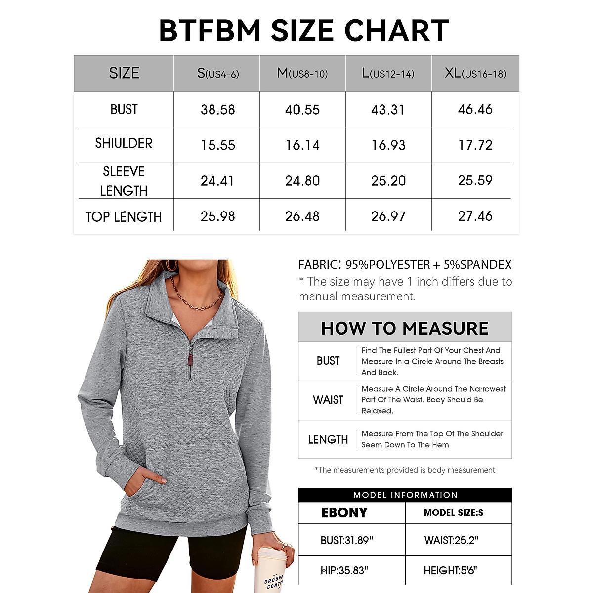 BTFBM Women Fashion Quilted Pattern Lightweight Zipper Long Sleeve Plain Casual Ladies Sweatshirts Pullovers Shirts Tops (Light Grey, Medium)