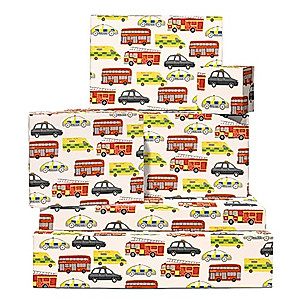 CENTRAL 23 Vehicles Wrapping Paper - Boy Birthday Wrapping Paper - 6 Sheets Gift Wrap - Firetruck - Taxi Cab - Bus - Comes With Fun Stickers - Recyclable
