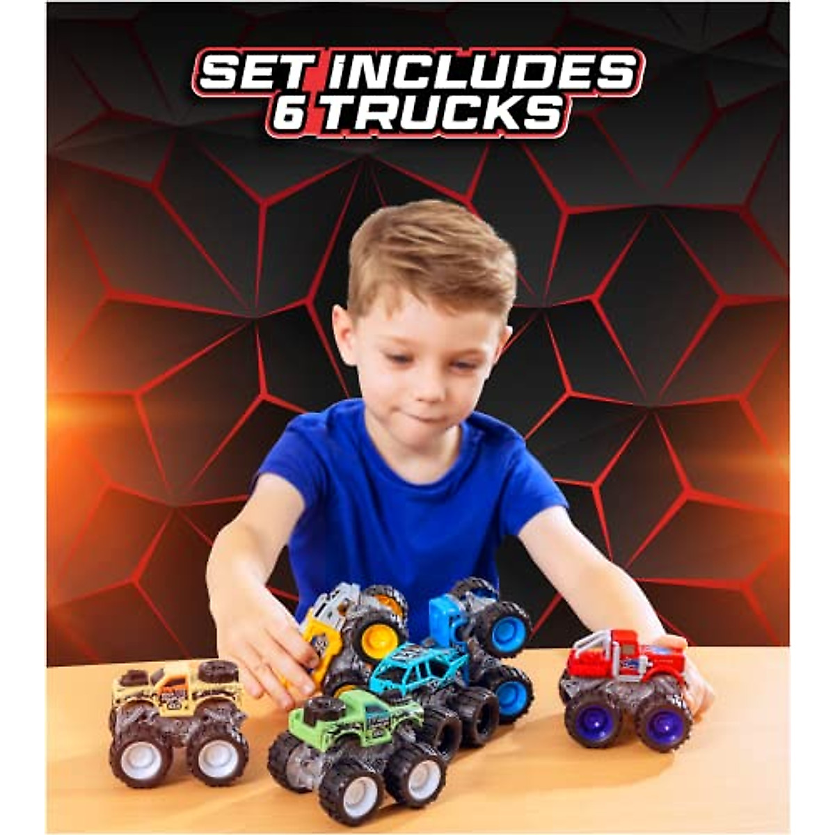 Team Power Monster Trucks Toys for Boys and Girls, 4-Wheel Drive Friction Powered 6-Pack Push and Go Toy Cars with Giant Wheels, 360° Crazy Stunts, Age 3, 4-7 and Above [Amazon Exclusive] (6 Pack)
