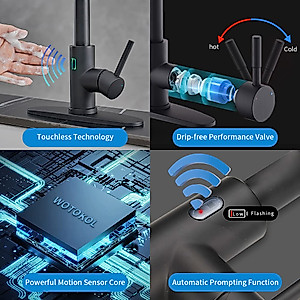 Black Touchless Kitchen Faucet with Pull Down Sprayer, WOTOKOL LED Light Smart Hands-Free Single Handle Kitchen Sink Faucet Motion Sensor Stainless Steel