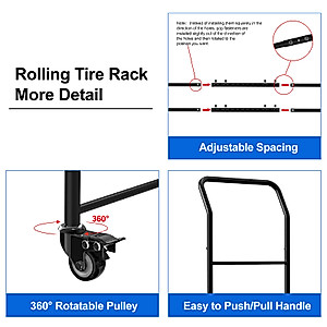 Rolling Tire Rack Adjustable,Metal Tire Storage and Transport Trailer,Heavy Duty Tire Holder,Mobile Tire Storage Shelf Cart with 4 Wheel,Garage/Workshops/Repair Shop Tire Stand Spare Tire Carrier