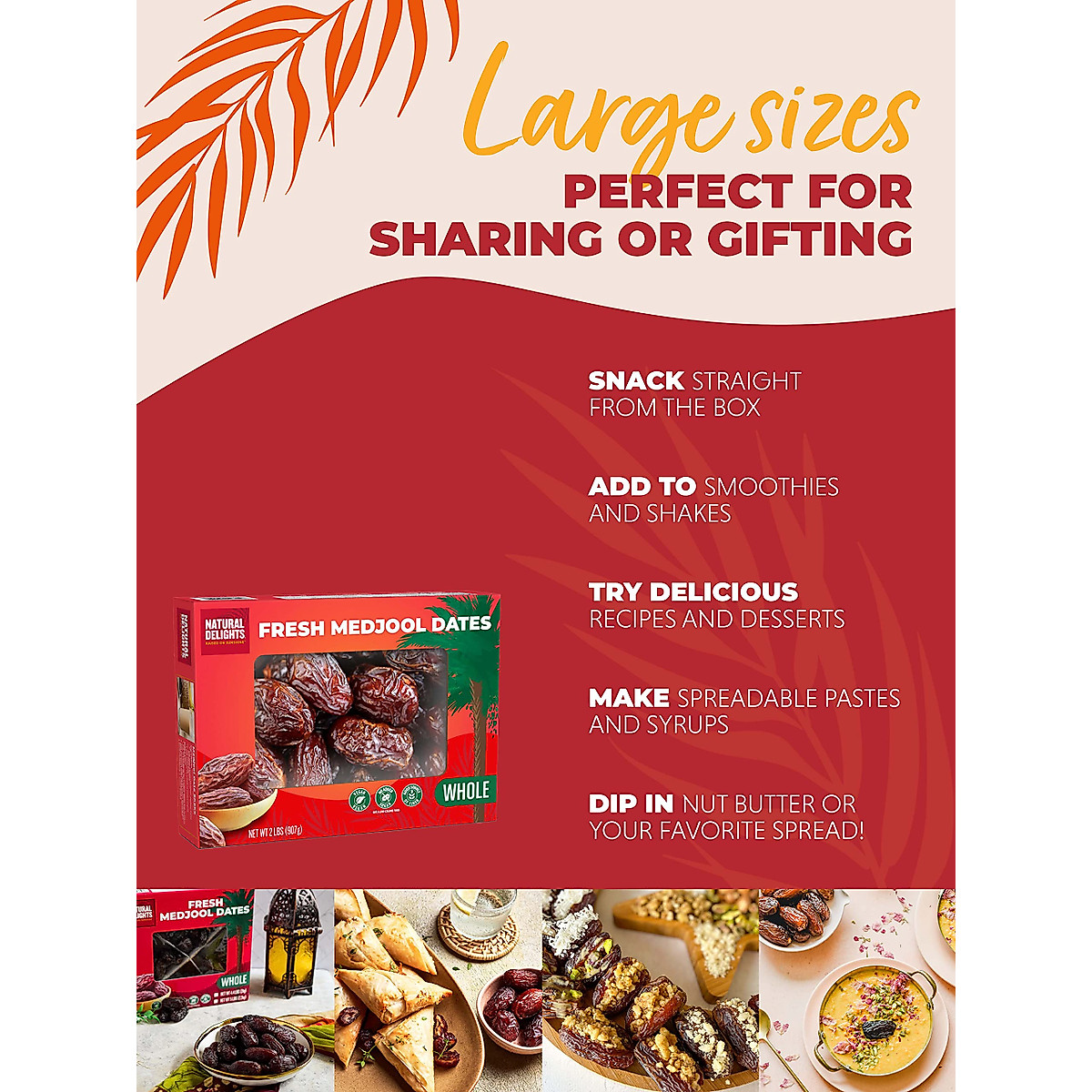 Natural Delights Dates – Large & Plump, Non-GMO Verified, Good Source of Fiber, Naturally Sweet Fruit Snack, Perfect for On-the-Go - Medjool Dates Whole, 2 lb Box