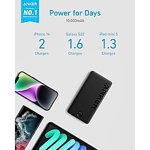 Anker Power Bank, 10,000mAh Portable Charger (PowerCore PIQ), High-Capacity Battery Pack for iPhone 15/15 Plus/15 Pro/15 Pro Max/14/14 Pro/Samsung/Pixel/LG (Cable and Charger Not Included)(Black)