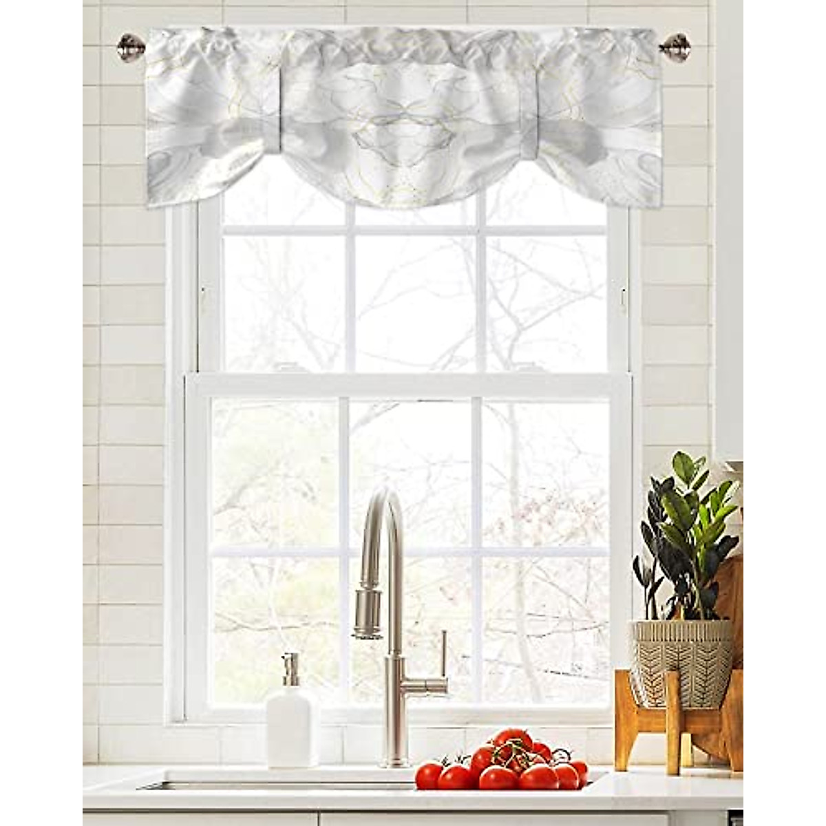 Tie Up Valance Curtains Abstract White Grey Marble Stone Kitchen Cafe Valances for Windows,Rod Pocket Adjustable Balloon Window Shades for Living Room Bathroom Natural Agate with Gold Line,1 Panel