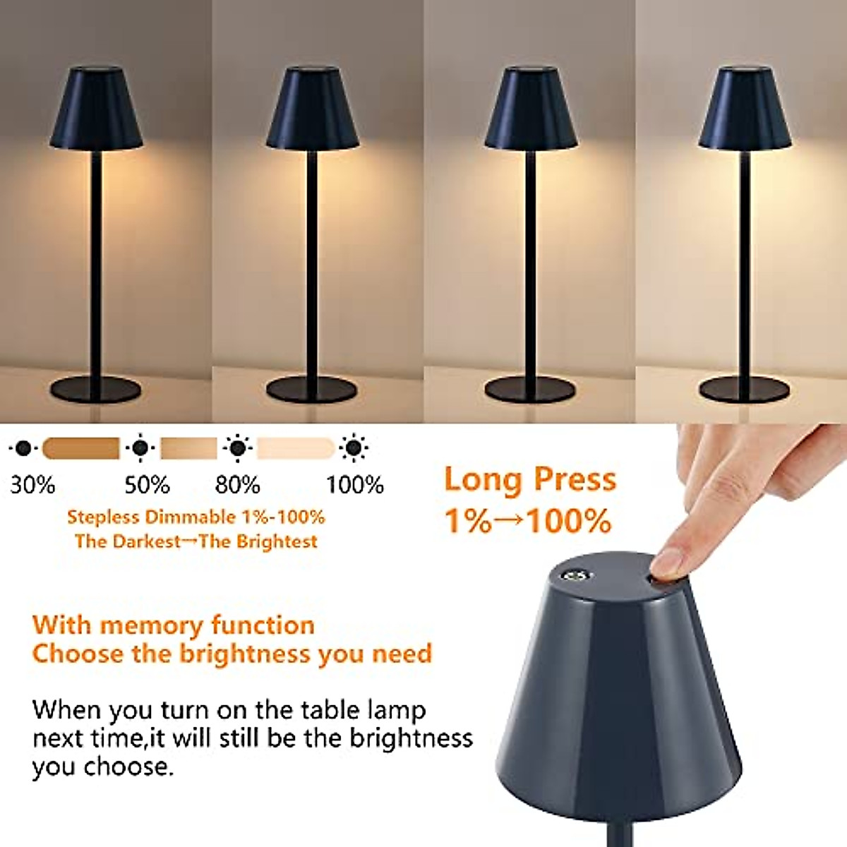 LEDLUX Cordless LED Table Lamp, Rechargeable Desk Lamp, Wireless Small Night Light, Metal Modern Desk Light, Stepless Dimming, Touch Switch, for Bedroom/Coffee Table/Restaurant/Garden(Blue,1 Pack)
