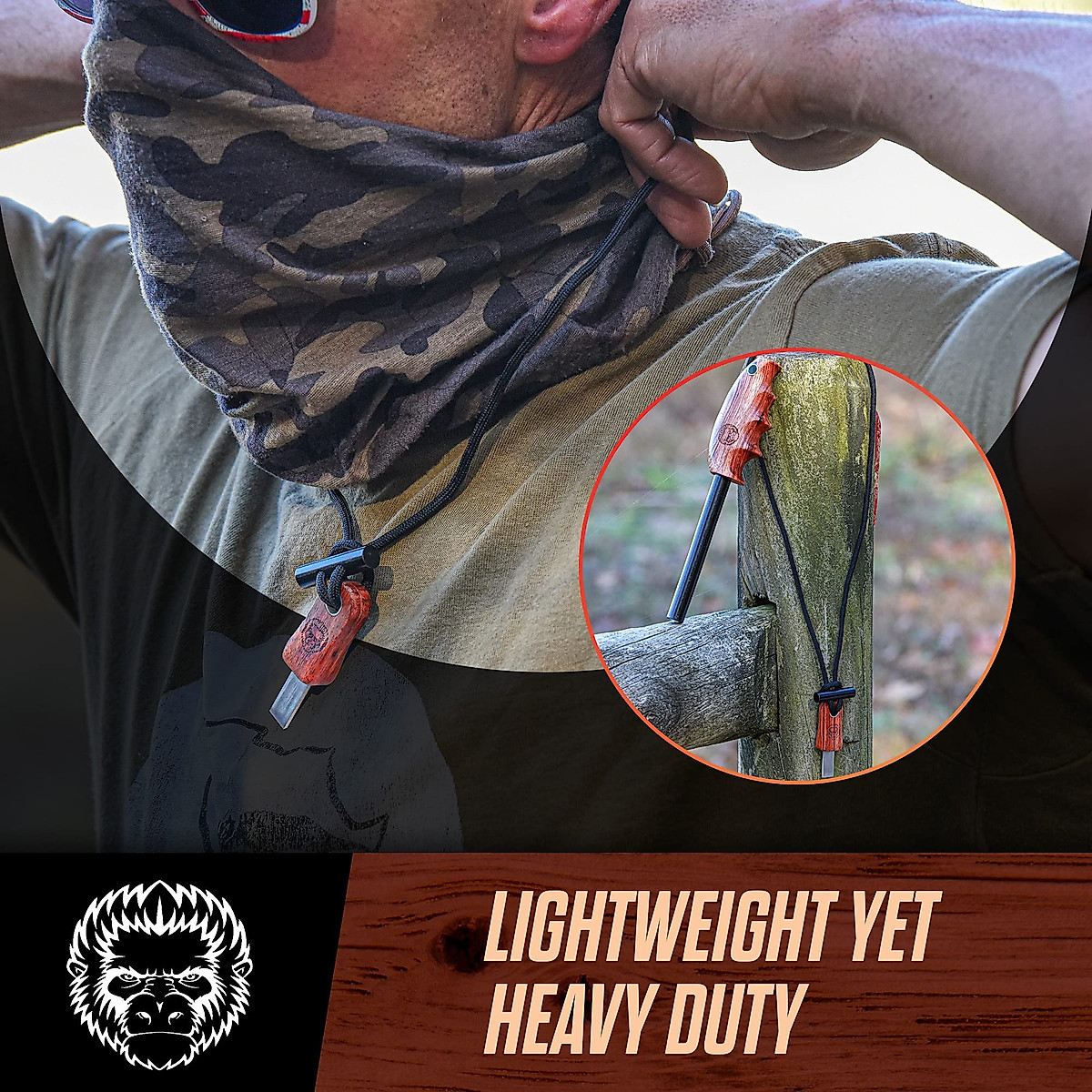 Wood Handle Fire Starter Ferro Rod Gift Set W/Finger Grip Survival Bushcraft Gear (Dark Brown)