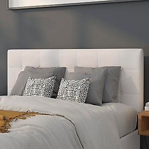 EMMA + OLIVER Button Tufted Upholstered Full Size Headboard in White Vinyl