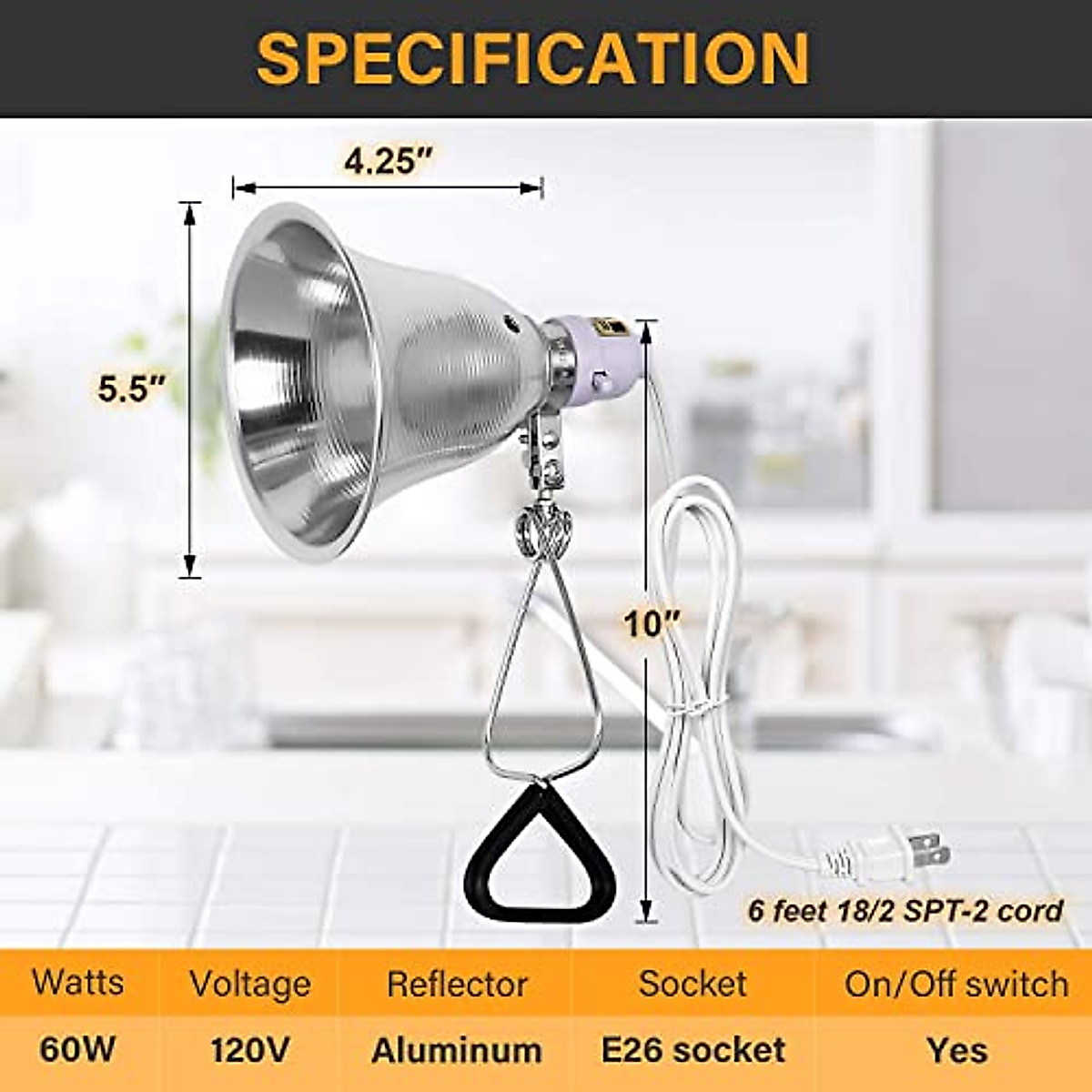Simple Deluxe Clamp Lamp Light with 5.5 Inch Aluminum Reflector up to 60 Watt E26 Socket (no Bulb Included) 6 Feet 18/2 SPT-2 Cord,Silver and White,1 Pack