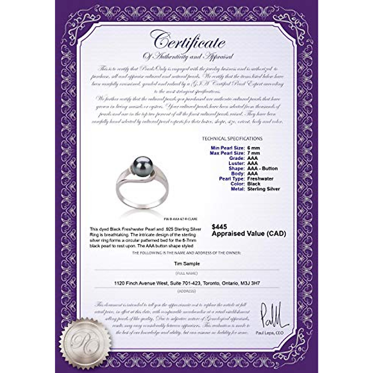 Clare Black 6-7mm AAA Quality Freshwater 925 Sterling Silver Cultured Pearl Ring For Women - Size-8