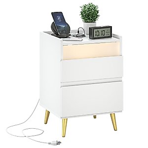 Nightstand with Charging Station, Bedside Table with USB & Type-C Port, Modern End Table with 2 Drawers for Bedroom Furniture, White
