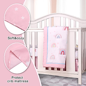 Honkaii Boho Rainbow 3-Piece Crib Bedding Set, Baby Nursery Bedding Sets Including Crib Quilt, Crib Skirt, Crib Sheet, Pink Crib Sets for Girls