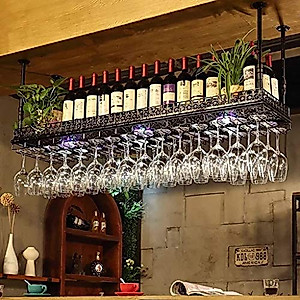 Ceiling Iron Wine Rack, Adjustable Height, Ceiling Mounted Hanging Wine Bottle Holder, Upside Down Champagne Glass Rack, Stemware Goblet Rack, Bar Home Decor