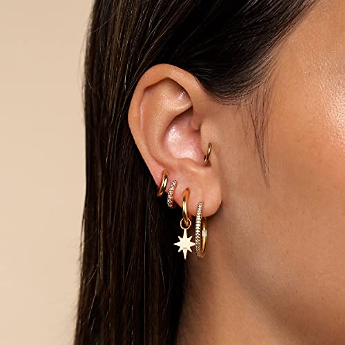 Gold Hoop Earrings For Women Gold Plated Cubic Zirconia Hoop Earrings Set Men Lightweight Huggie Hoops Hypoallergenic Gold Earrings Set for Women Fashion Jewelry (4 Sizes)