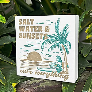 Farmhouse Beach Wooden Box Sign, Salt Water and Sunsets, Summer Beach Decor for Home Bedroom Bathroom, Inspirational Beach House Ocean Nautical Decoration, Beach House Gifts for Women Men New House