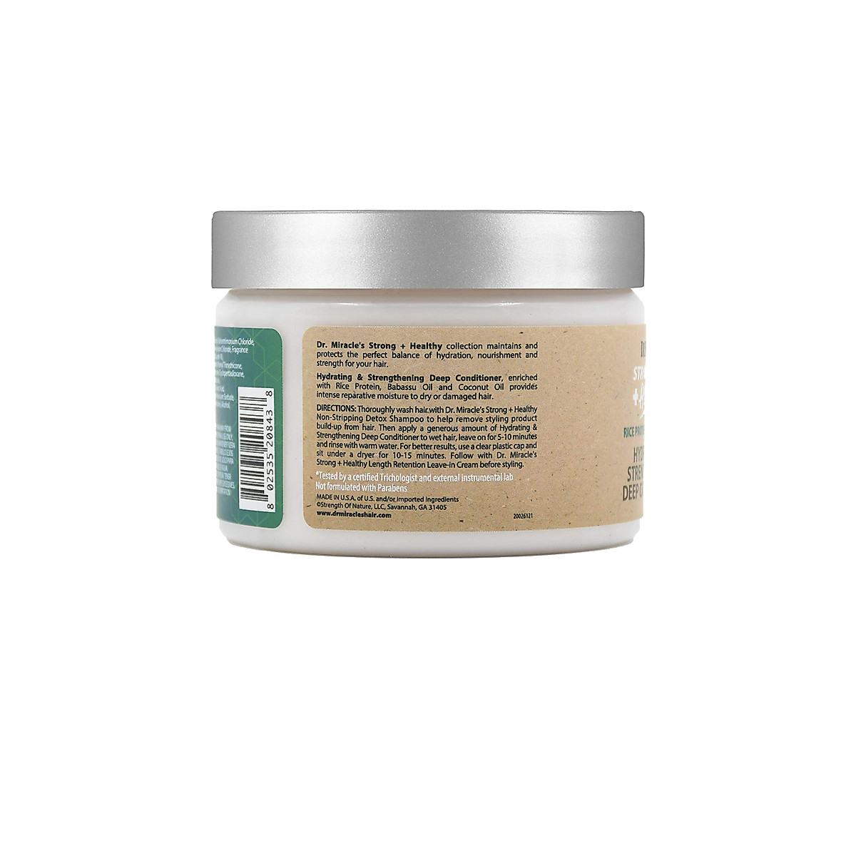 Dr. Miracle's Strong & Healthy Hydrating & Strengthening Deep Conditioner. Contains Coconut Oil to provide intense moisture and repair damaged hair.