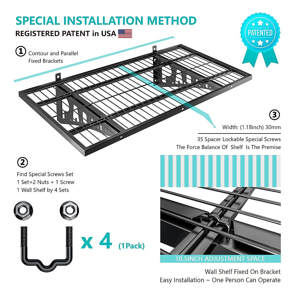 PAOKE Garage Wall Shelving, Heavy Duty Floating Shelves, Load Capacity Up to 1000 lbs, Easily Mounted on The Wall to Save Space in The Garage (1.5x3.8ft Black 4Pack)