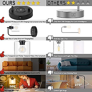 E-Senior Set of 2 Industrial Table Lamp, Wireless Charging Nightstand Lamp, Bedside Lamp with USB, Fully Stepless Dimmable Table Lamp for Bedroom Living Room Office (LED Bulbs Included)