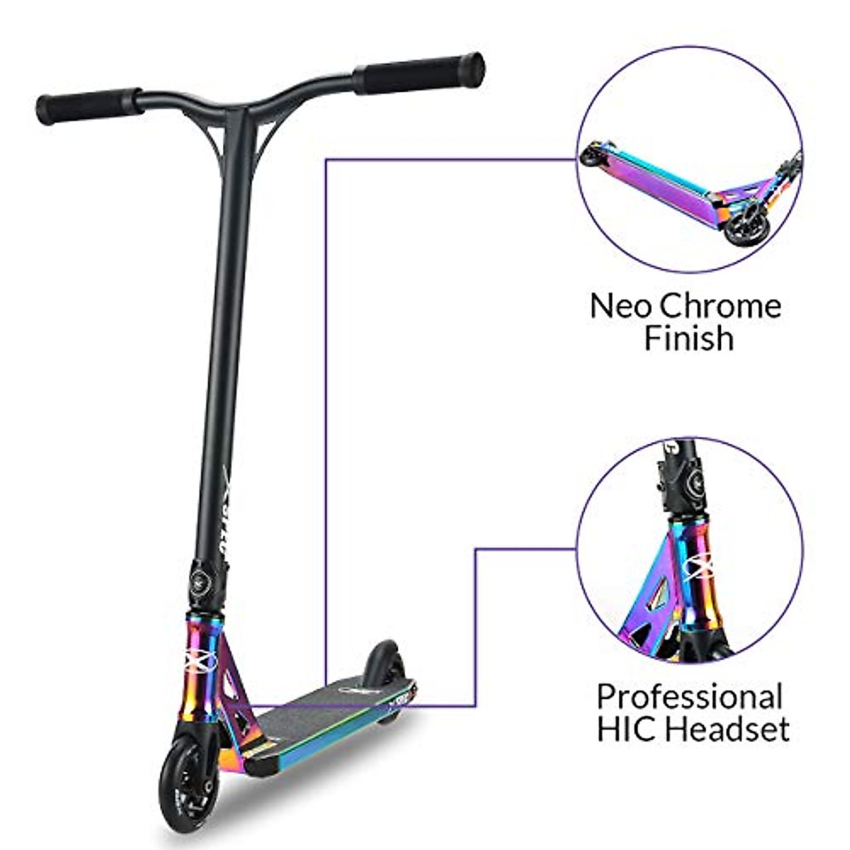 Xspec Rainbow Neo Chrome Pro Stunt Kick Scooter, Unique Oil Slick Anodized Design, Aluminium with BMX Handlebars Reinforced Aluminium Wheels and Fork