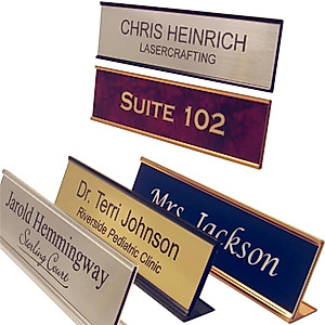 Lasercrafting Office Desk Name Plate or Wall / Door Sign - 2x8 or 2x10 - Laser Engraved Sign - CUSTOMIZE. Holder/bracket available. Choose colors and fonts. Great gift idea.