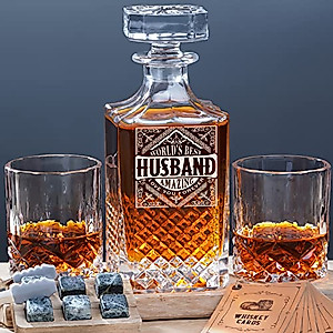 PONPUR Gifts for Men Him Husband from Wife, Whiskey Decanter Set with 2 Whisky Glasses, Unique Anniversary Birthday Gift for Husband, Cool Christmas Presents for Scotch Bourbon Lovers