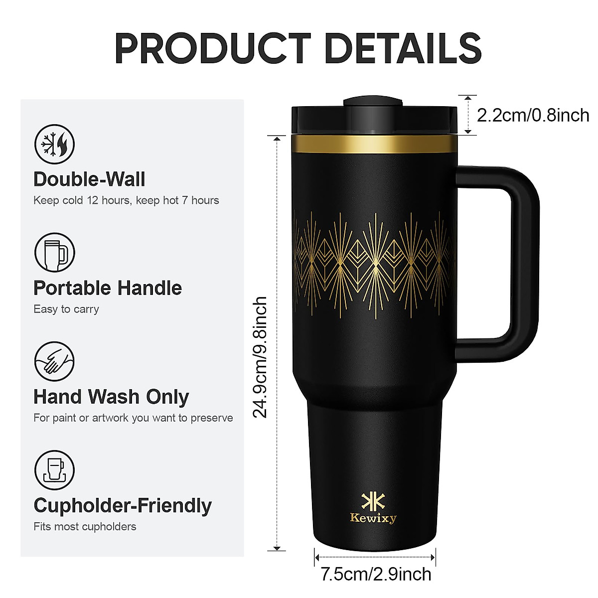 KEWIXY 40 oz Tumbler With Handle and Straw, Gloss Insulated Travel Tumbler, Fits in Cup Holder, Travel Coffee Mug with Lid, Included Leak Proof Straw Cover -Art Lines