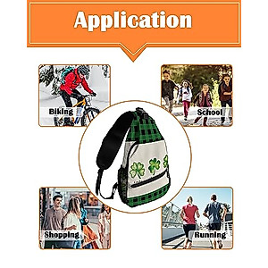 Sling Backpack, St. Patrick's Day Lucky Shamrock Black and Green Buffalo Plaid Waterproof Lightweight Small Sling Bag, Travel Chest Bag Crossbody Shoulder Bag Hiking Daypack for Women Men