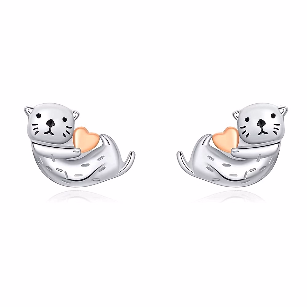 Sea Otter Stud Earrings 925 Sterling Silver Post Tiny Cute Animal Promise Love Heart Statement for Women Small Cartilage Piercing Jewelry Delicate Lovely Gifts Daughter Niece Birthday Xmas