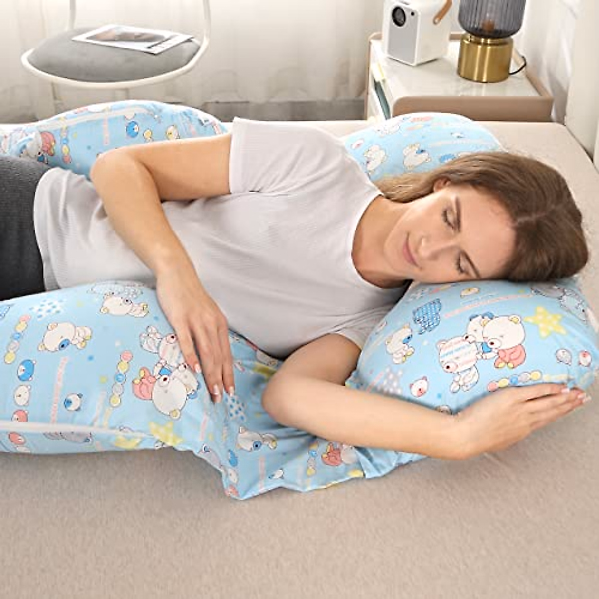 BeytBuy Pillows Cooling Pregnancy Pillow for Quality Sleep Full Body Multi Functioning Maternity Pillow with Removable Cooling Cover Cover (Baby Bear Blue)