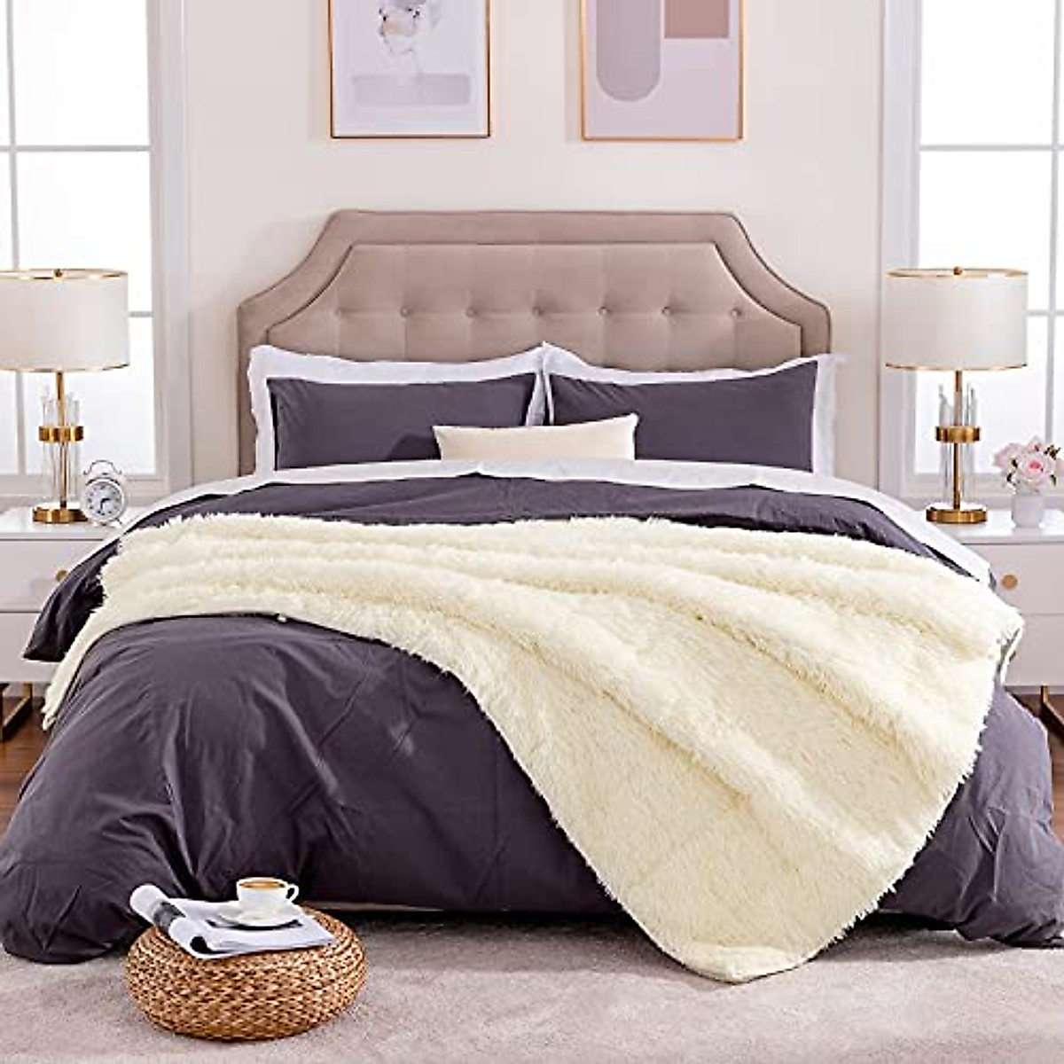 joybest Faux Fur Weighted Blanket Oeko-Tex Standard 100 Certified Sherpa Fleece 10 Pounds 50x60 Inches Throw Size Heavy Weighted Blanket with Premium Glass Beads, Light Beige
