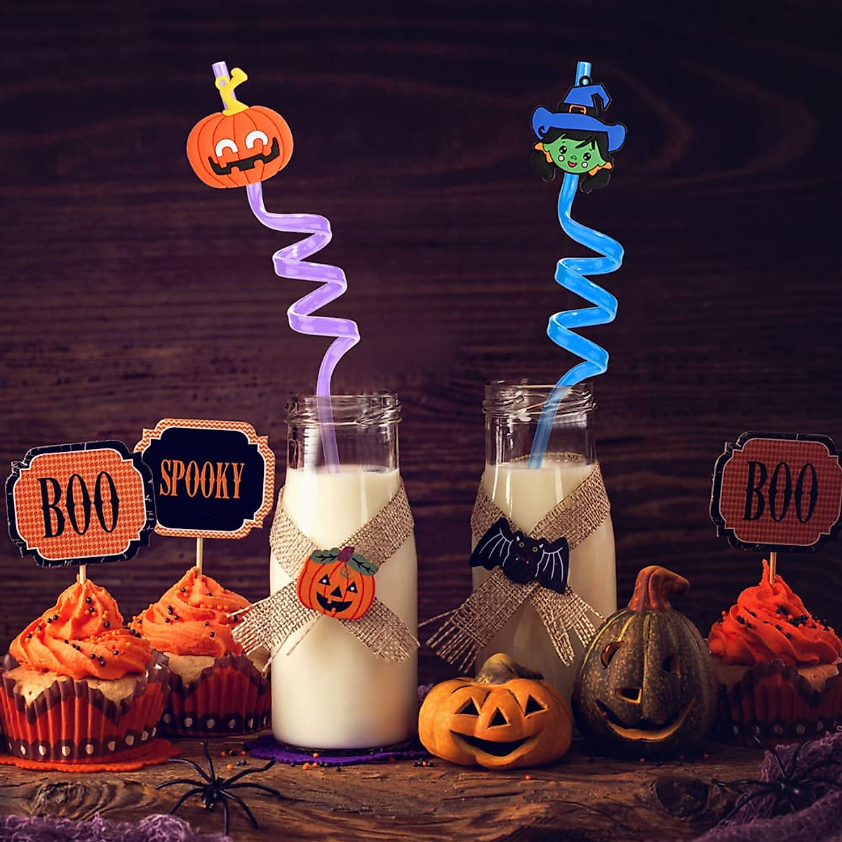 Halloween Drinking Straws, 24 Pack of Plastic Straws Reusable Pumpkin Wizard Pattern Kids Party Spiral Straws for Halloween Decoration Party Favor Goodie Gifts By Rely2016