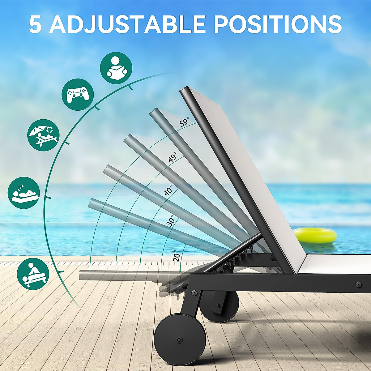 YITAHOME Patio Chaise Lounge Set of 3, Aluminum Outdoor Lounge Chairs with Side Table, Adjustable Backrest Poolside Loungers with Wheels for Pool Beach Patio Lawn Porch -Beige