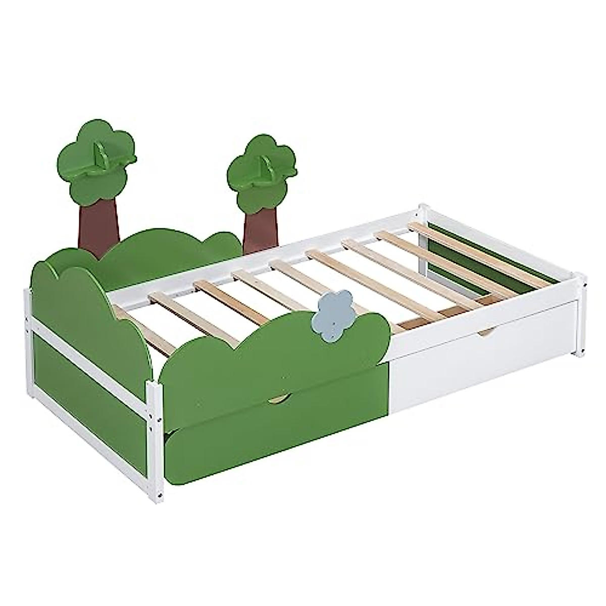 Merax Twin Bed with Clouds and Rainbow Decor, Wood Bed Frame with Storage Drawers for Kids