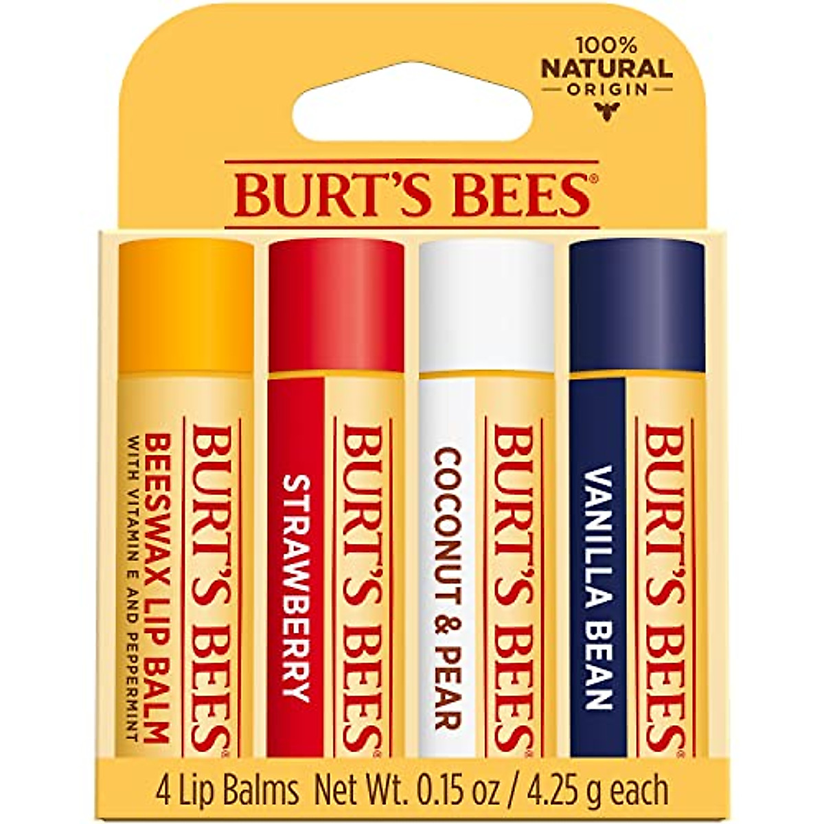 Burt's Bees Lip Balm Easter Basket Stuffers, Moisturizing Lip Care Spring Gift, for All Day Hydration, 100% Natural, Original Beeswax, Strawberry, Coconut & Pear & Vanilla (4 Pack)