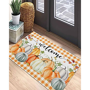 Thanksgiving Front Door Mat Outside Entrance, Harvest Pumpkin Maple Leaf Outdoor Indoor Door Mats for Entryway, Low Profile White and Orange Buffalo Plaid Funny Welcome Mat Entry Doormats 24x36 in