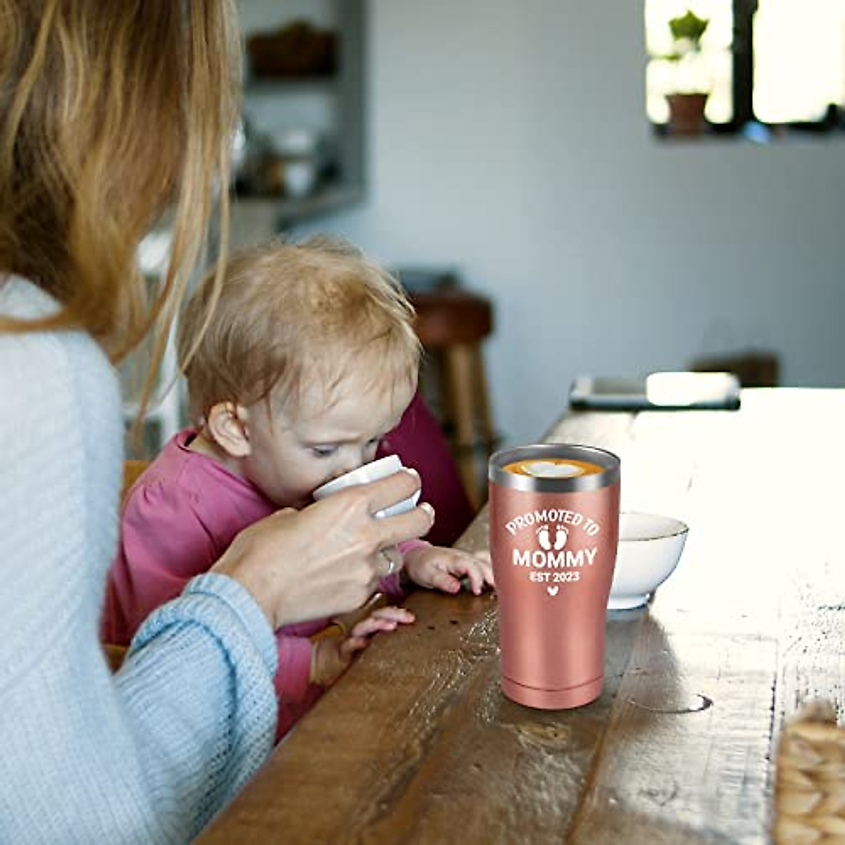 Qtencas Promoted to Mom Est 2023 Travel Tumbler, New Mom Gifts for Women, Great Mothers Day Gifts for Mom, First Time Mom Gifts Mom to be Mother to be Gifts, 20 Oz Stainless Steel Tumbler, Rose Gold