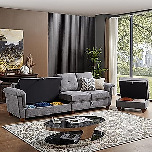 Pingliang Home Convertible Sectional Sofa with Storage, 4 Seat L Shaped Couch with Chaise and Cup Holder, Modern Microfiber Fabric Sofas Couches for Living Room, Apartment, Office (Light Grey)
