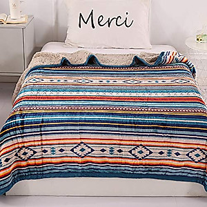 Qucover Flannel Blanket Boho Blue Stripe Reversible Sherpa Throw Blanket Large, Luxury Bohemian Plush Flannel Throws for Sofa Couch Bed, 60x80 Inch