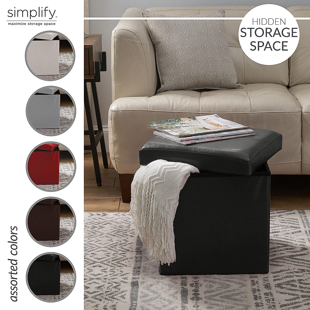 Simplify Faux Leather Cube Storage Ottoman, Black (F-0625-BLACK)