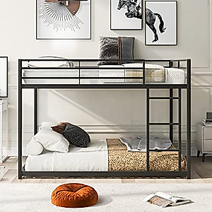 Merax Full Over Full Bunk Bed, Low Bunk Bed with Ladder,Sturdy Metal Frame Full Over Full bunk Bed with Safety Rails, Modern Style bunk beds for Bedroom, Dorm, Boys, Girls, Adults,Black