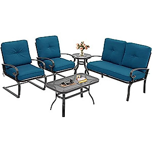 Oakmont 5Pcs Outdoor Patio Furniture Conversation Sets (Loveseat, Coffee Table and Bistro Table, 2 Spring Chair) -Wrought Iron Chair Set with Peacock Blue Cushions