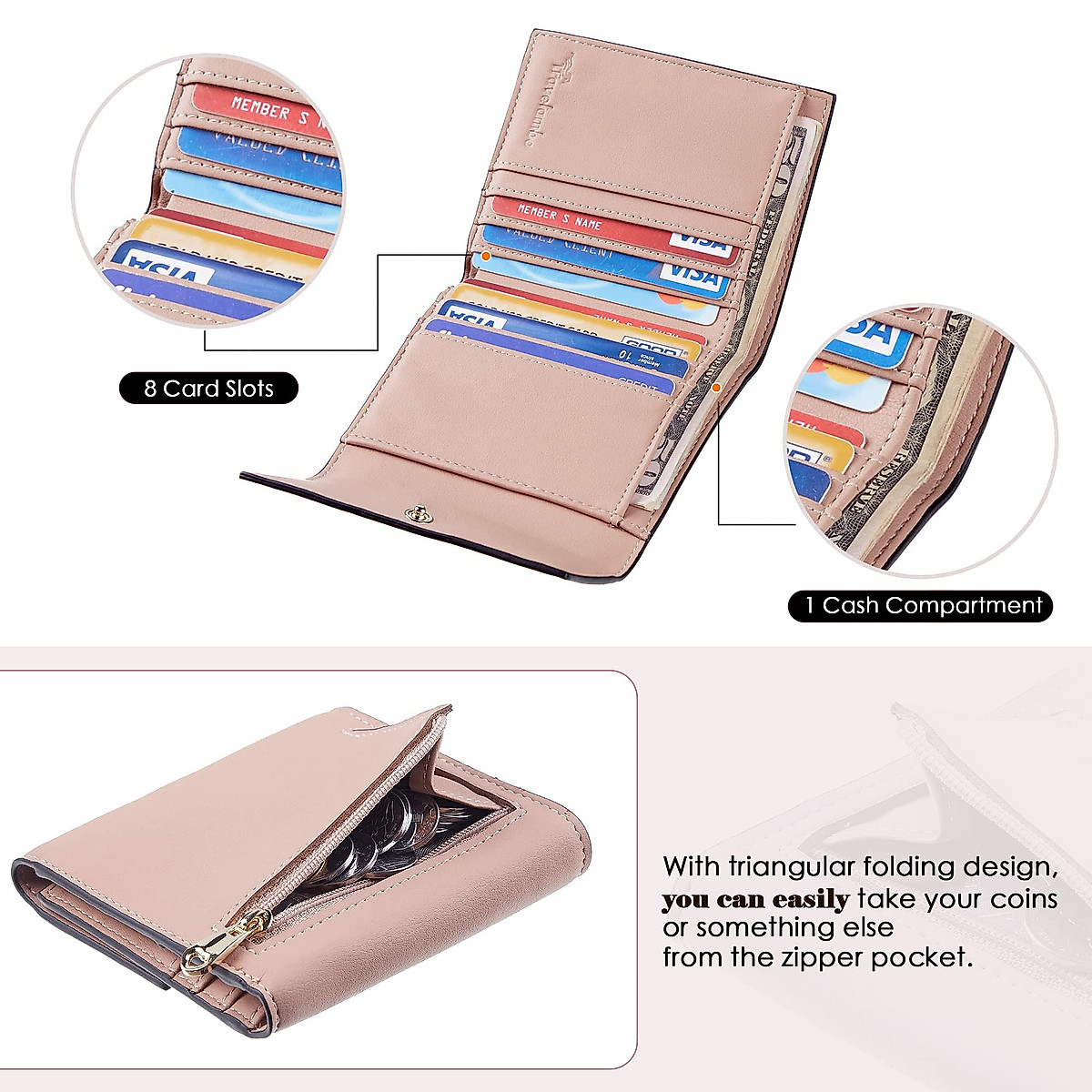 Travelambo RFID Blocking Small Mini Compact Wallet Coin Pouch Holder Trifold Credit Card Holder Pocket Purse for Women