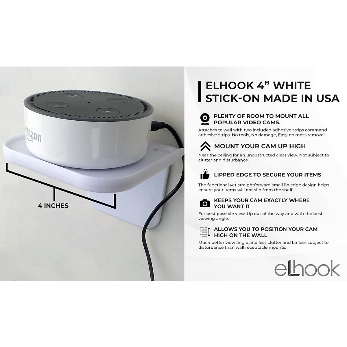 eLhook Made in USA White Stick-On Wall Shelf: Durable ABS Plastic with Cable Management for Indoor Security Camera, Textured Finish, Lipped Edges | Removable Adhesive Floating Design | Set of 2