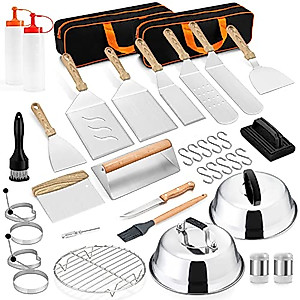27Pcs Griddle Accessories Kit, Leonyo Stainless Steel Flat Top Grill Accessories Set, Outdoor BBQ Heavy Duty Metal Spatulas with 9" Melting Domes, Burger Press, Meat Tenderizer, Cooling Rack