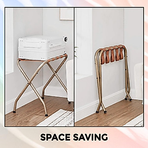 Kings Brand Furniture Anderson Folding Luggage Rack - Suitcase Stand With Storage Shelf - Folding Luggage Rack for Guest Room and Bedroom - Sturdy Portable and Stylish Metal Suitcase Stand - Gold