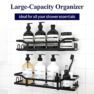 Kitsure Adhesive Shower Caddy - 2 Pack, No Drilling Shower Organizer with 8 Hooks, Rustproof Stainless Steel Shower Shelf for Inside Shower, Wall Mounted Shower Rack for Bathroom, Kitchen, Sliver