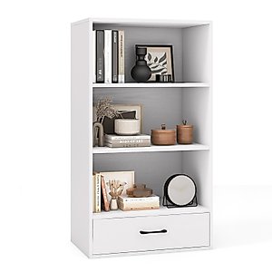 IFANNY 3 Shelf Bookcase with Drawer, Wood Bookshelves and Bookcases, Cube Bookcase Shelf, Small Bookshelf with Storage for Small Spaces, White Book Shelf for Bedroom, Living Room, Home Office
