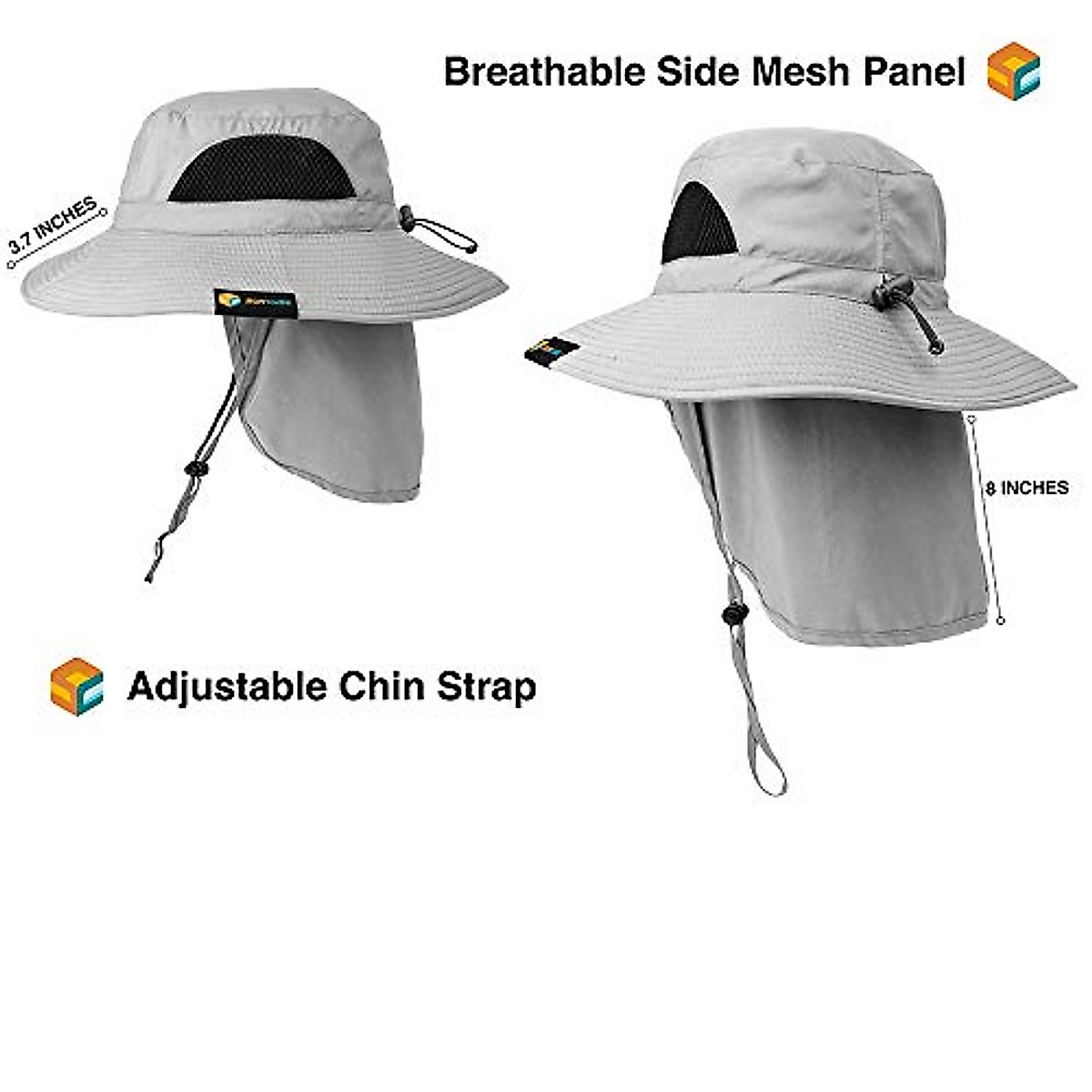 SUN CUBE Fishing Hat Sun Hat for Men, Women, Hiking Sun Hat with Neck Flap, Wide Brim, Chin Strap, Safari Summer Bucket Boonie Hat, UPF 50+ Outdoor Protection, Packable Breathable Mesh (Light Gray)