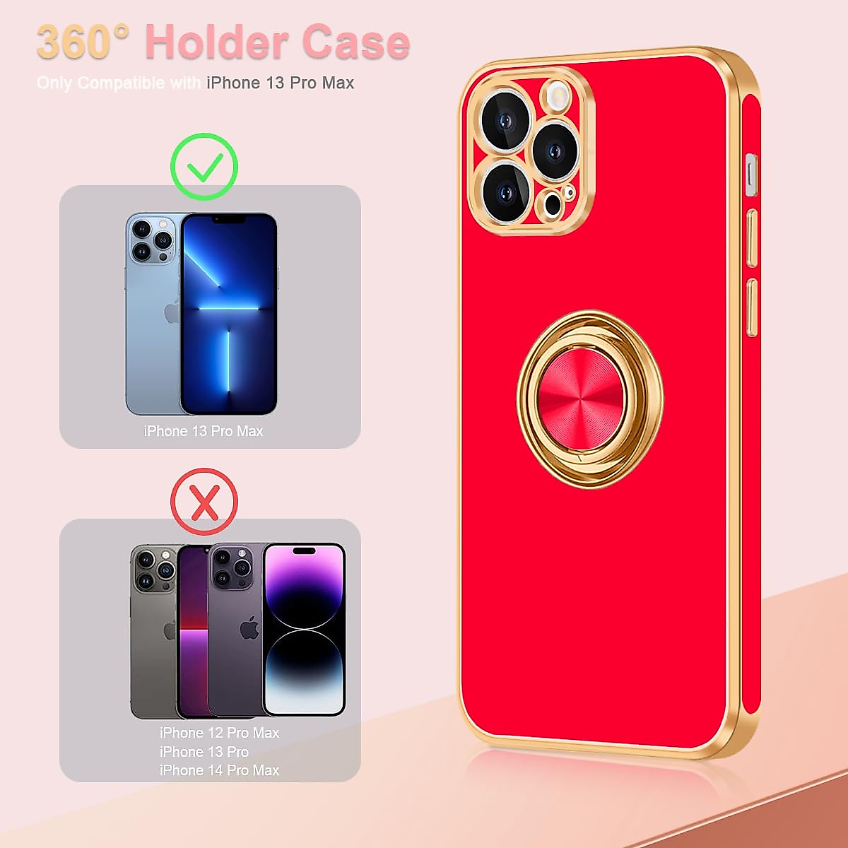 Fingic for iPhone 13 Pro Max Case,for iPhone 13 Pro Max Phone Case with 360° Ring Holder Slim Lightweight Kickstand Magnetic Car Mount for Women Girls Boys Protective Case for iPhone 13 Pro Max,Red